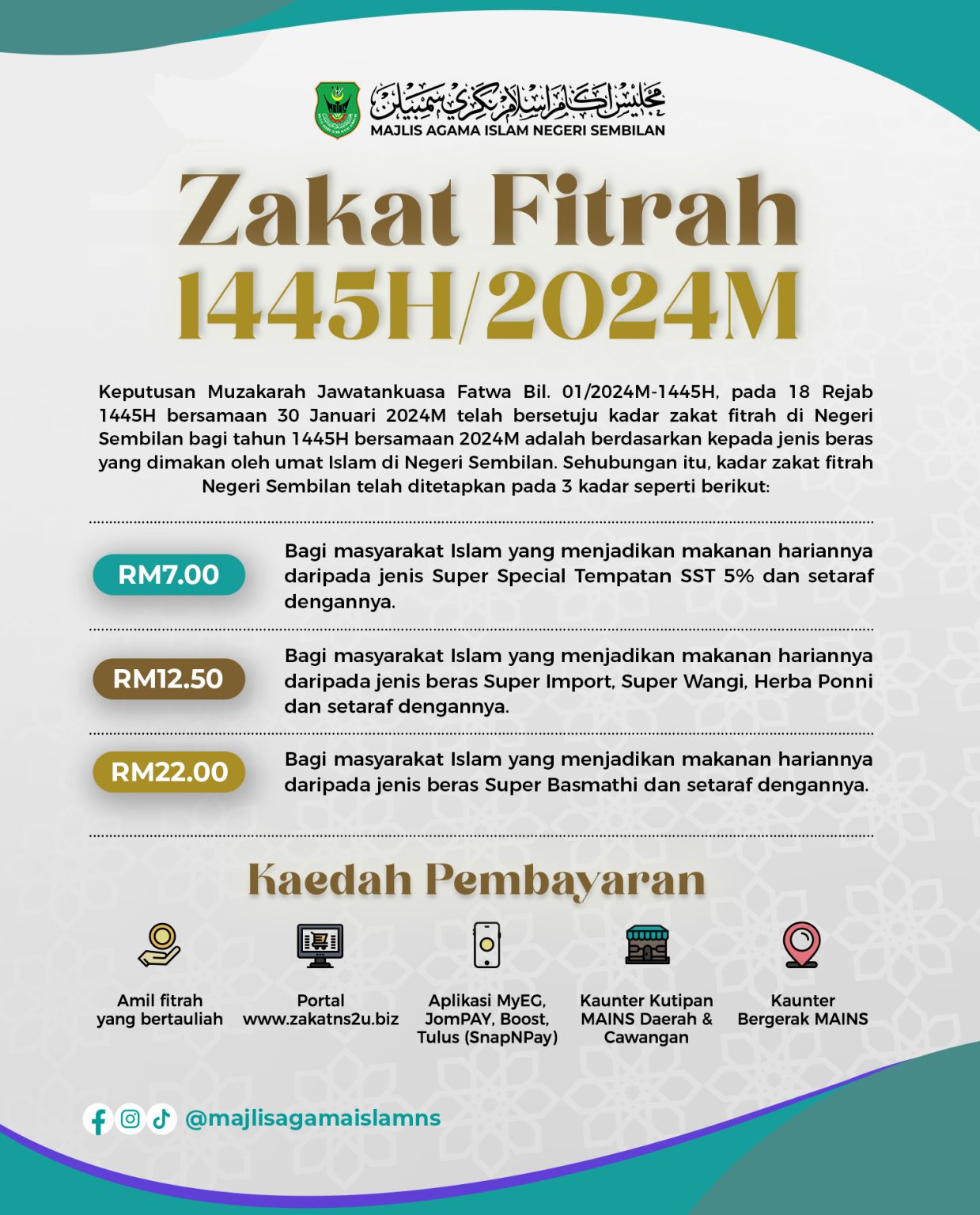 Zakat Fitrah Negeri Sembilan 2024: Kadar & Cara Bayaran