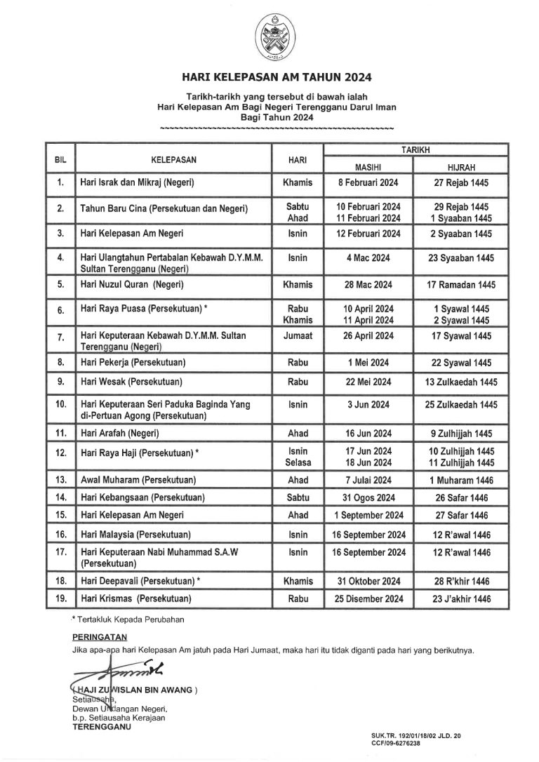 Cuti dan Hari Kelepasan Am Negeri Terengganu 2024