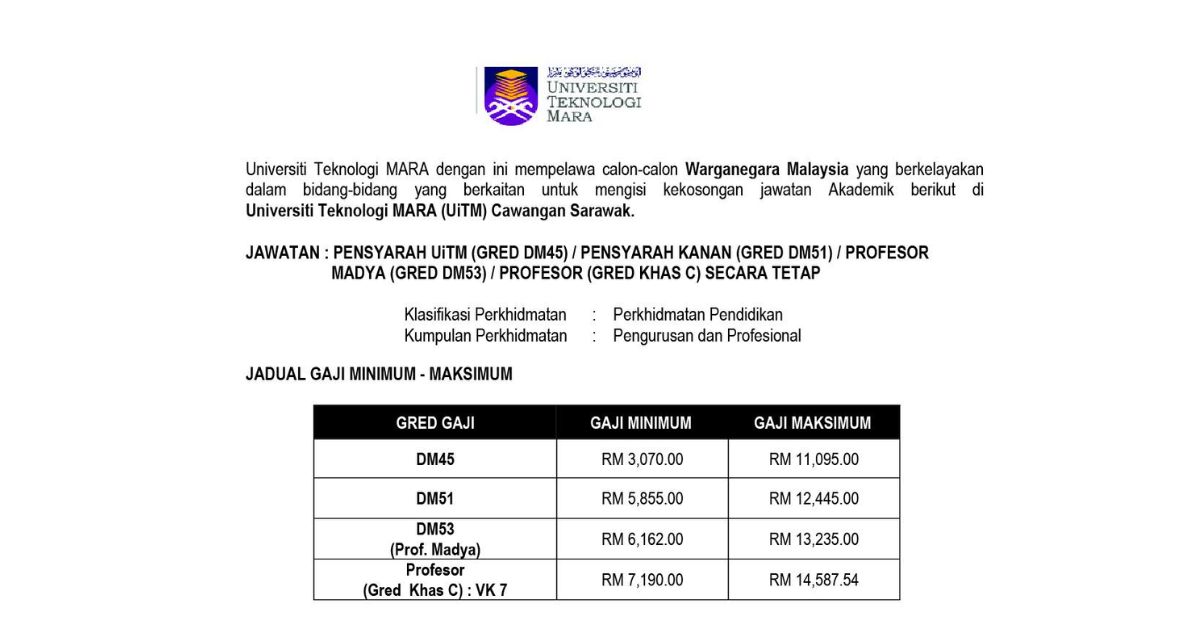 Jawatan Kosong Pensyarah Tetap UiTM Cawangan Sarawak 2024
