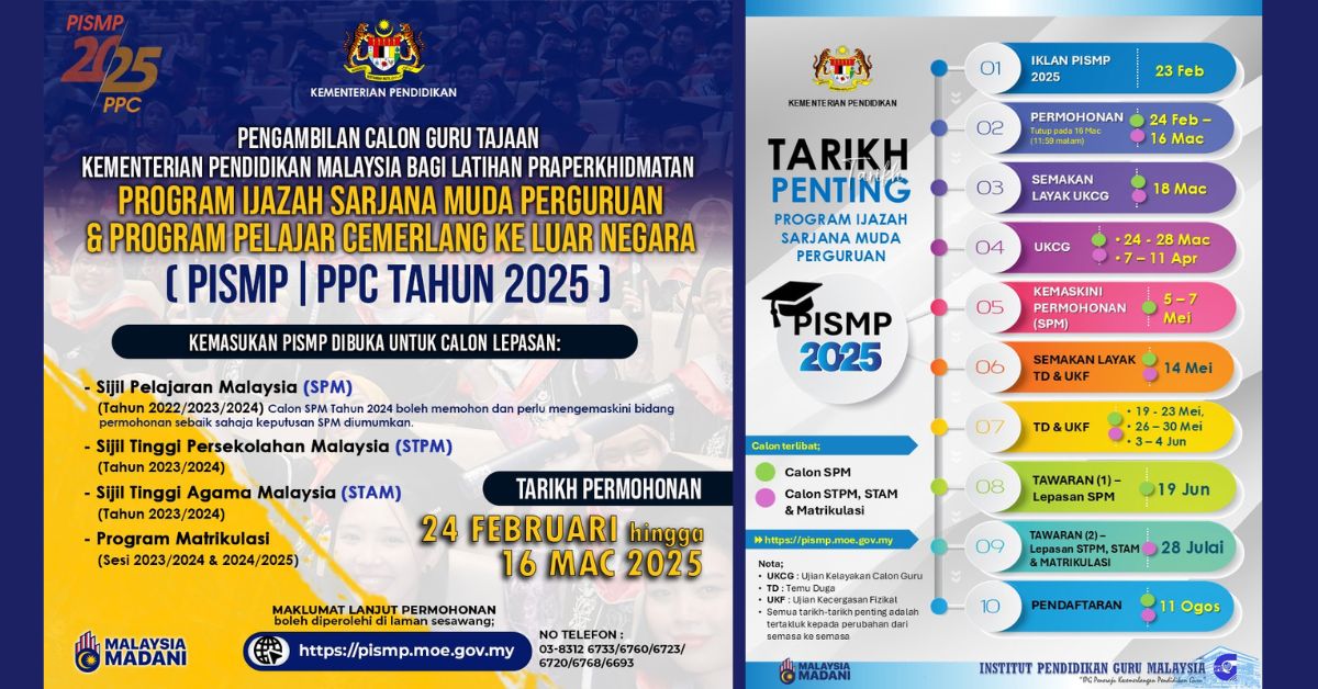 PISMP 2025: Permohonan IPG https://pismp.moe.gov.my/